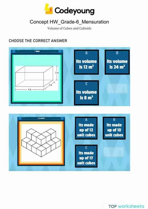 Volume of Cubes and Cuboids Concept HW. Interactive worksheet ...