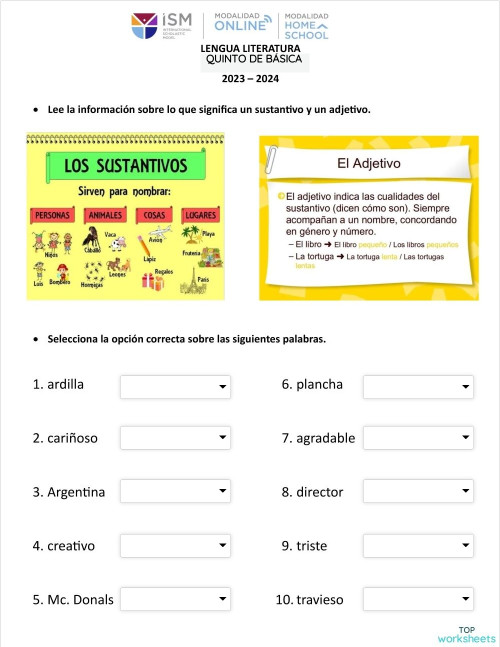 SUSTANTIVO VS. ADJETIVO. Ficha interactiva | TopWorksheets