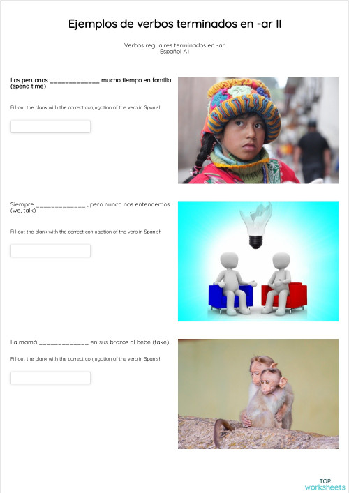 Ejemplos de verbos terminados en -ar II. Ficha interactiva | TopWorksheets