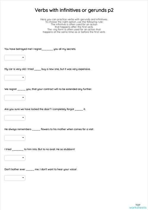 Verbs with infinitives or gerunds p2. Interactive worksheet | TopWorksheets