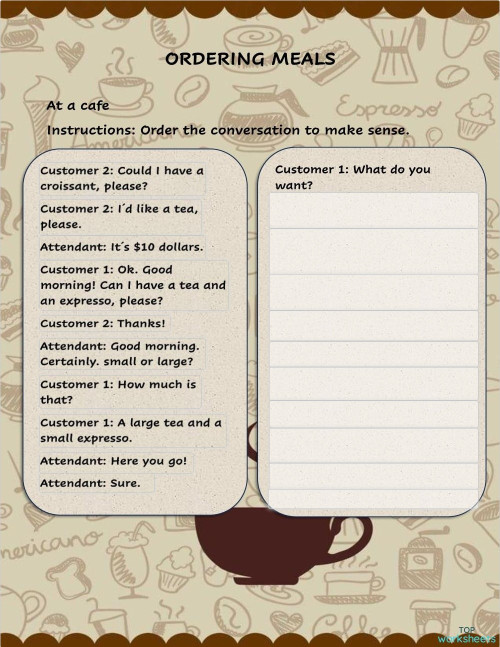 At a restaurant and a cafe. Interactive worksheet | TopWorksheets