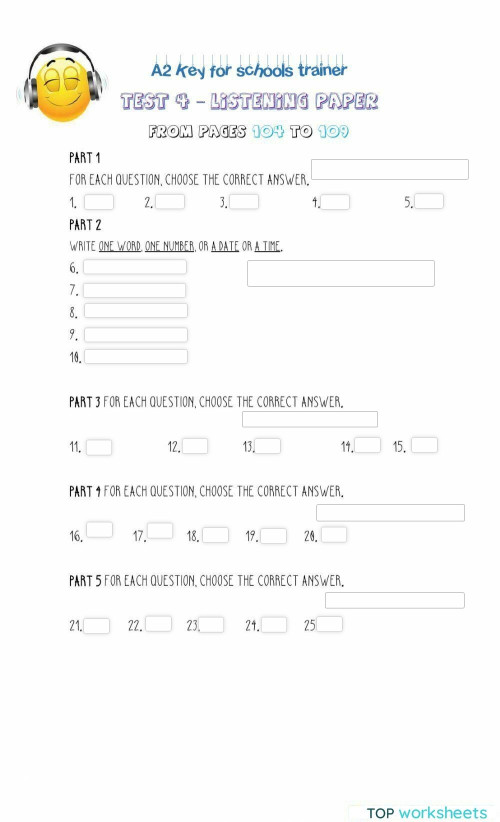 Answer sheet for Listening test 4 A2 key for schools trainer ...
