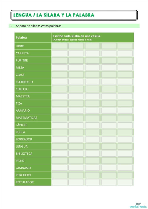 Sílabas: fichas interactivas y ejercicios online | TopWorksheets
