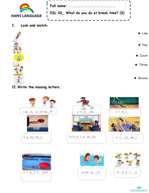 (3) What do you play at break time?. Interactive worksheet | TopWorksheets