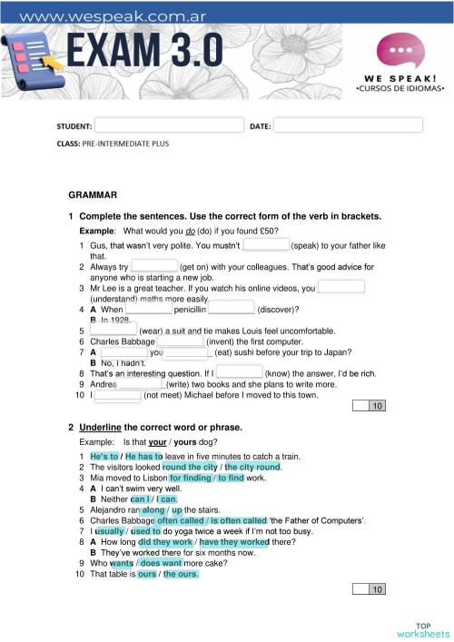 pre intermediate plus final exam. Interactive worksheet | TopWorksheets