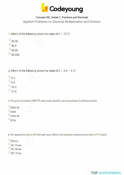 Applied Problems on Decimal Multiplication and Division Concept HW ...