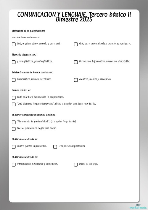 COMUNICACIÓN Y LENGUAJE, Tercero básico II Bimestre 2025. Ficha interactiva | TopWorksheets