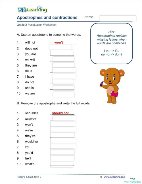 Contractions. Interactive worksheet | TopWorksheets