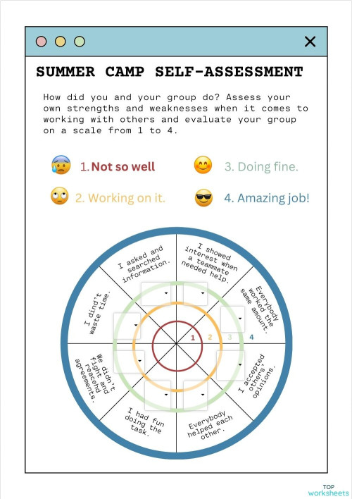 Summer Camp self-assessment. Interactive worksheet | TopWorksheets