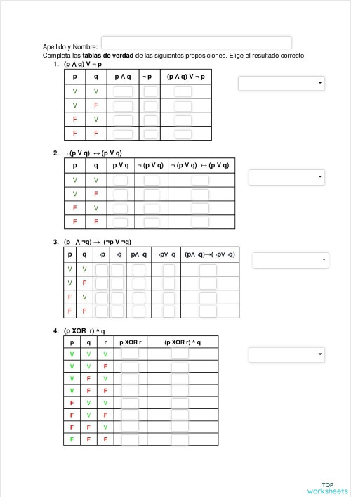 Tablas de verdad - Lógica proposicional. Ficha interactiva | TopWorksheets