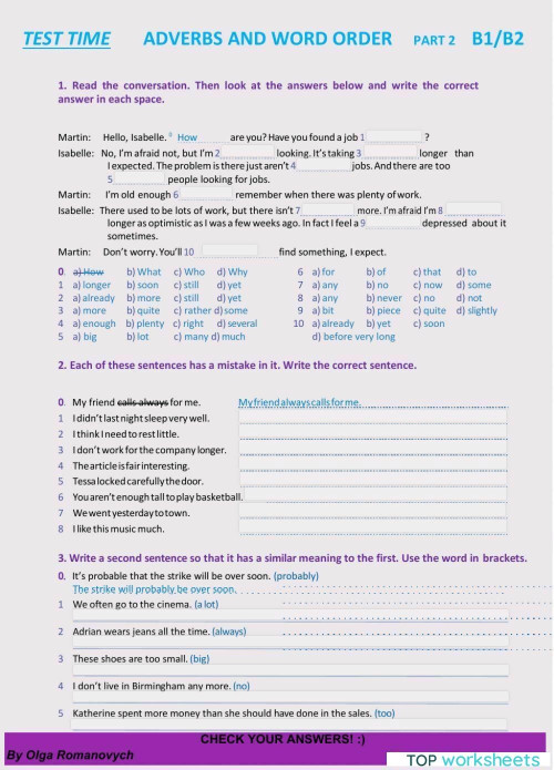 TEST - Adverbs and Word Order Part 2 B1-B2. Interactive worksheet ...