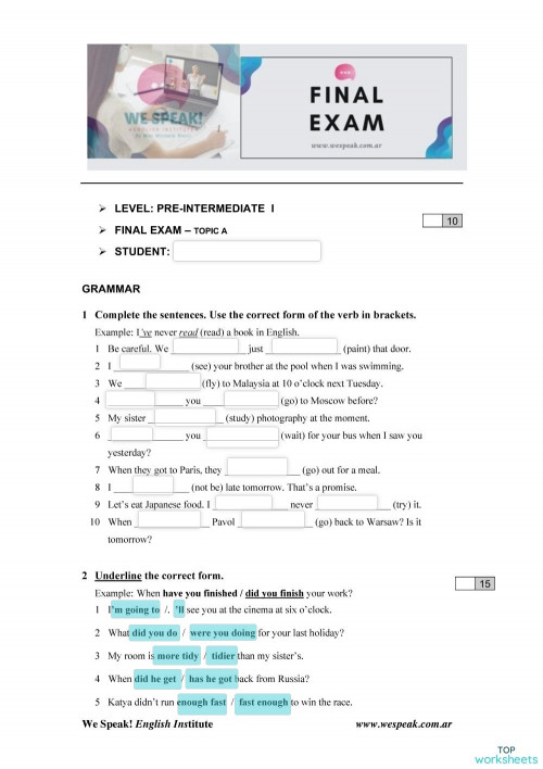 FINAL EXAM: Pre Intermediate 1. Interactive worksheet | TopWorksheets