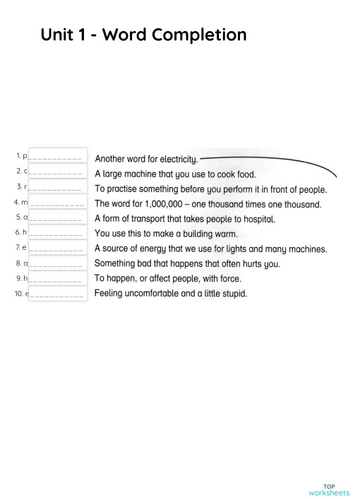 Year 6 - Word Completion - Unit 1. Interactive worksheet | TopWorksheets