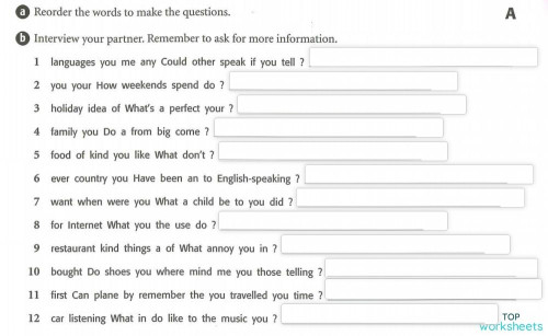 B2 Pairwork Questions Student A. Interactive worksheet | TopWorksheets