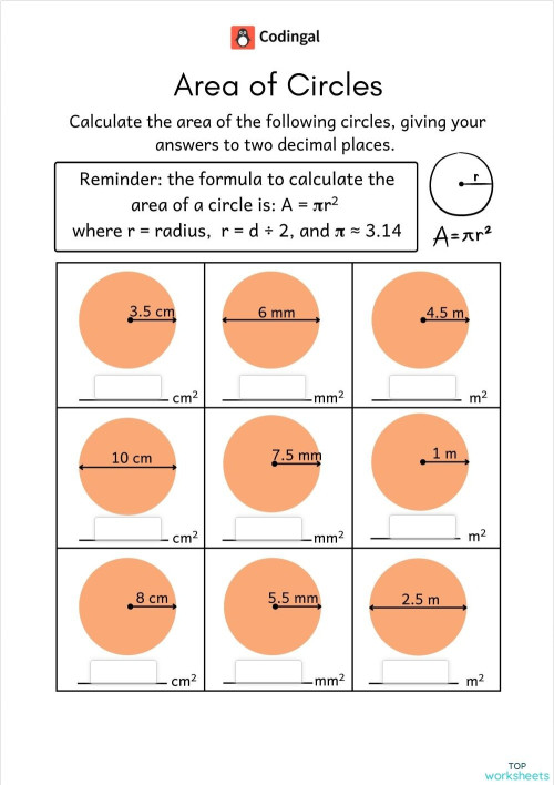 M_G07M14L50_WA02_Area of circles. Interactive worksheet | TopWorksheets