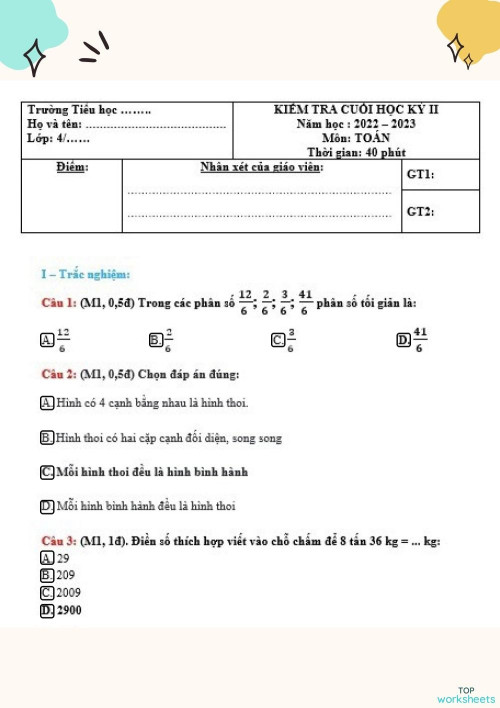 Toan lop 4. Interactive worksheet | TopWorksheets