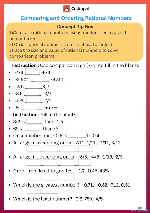 M_G07M06L19_WC01_Comparing_and_Ordering_Rational_Numbers_1. Interactive worksheet | TopWorksheets
