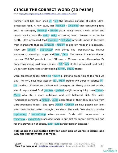Ultra-processed food linked to cancer risk. Interactive worksheet ...
