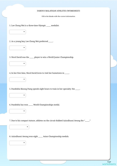 FAMOUS MALAYSIAN ATHLETES (WORKSHEET). Interactive worksheet ...