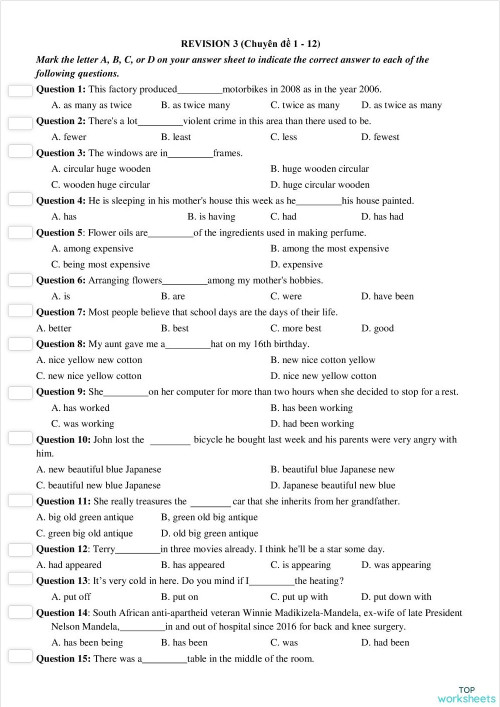 REVISION CHUYÊN ĐỀ 1-12. Interactive worksheet | TopWorksheets