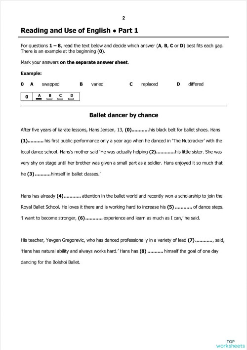 Movers - Reading and Writing - Sample Test 1. Interactive worksheet ...