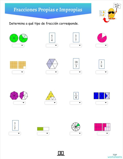 Fracciones propias e impropias 01. Ficha interactiva | TopWorksheets