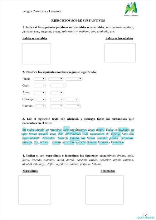El sustantivo. Ficha interactiva | TopWorksheets