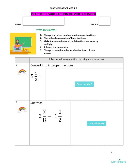 SUBTRATION OF MIXED NUMBER (3). Interactive worksheet | TopWorksheets