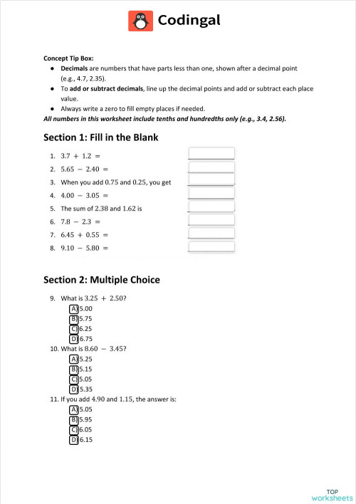 M_G05T02_WA01_Adding_and_subtracting_decimals. Interactive worksheet | TopWorksheets