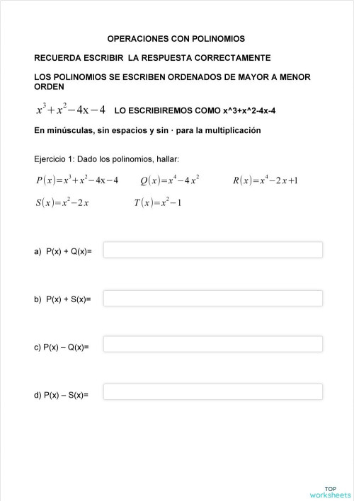 Operaciones con polinomios. Ficha interactiva | TopWorksheets
