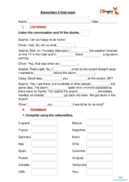 Elementary V final exam. Interactive worksheet | TopWorksheets