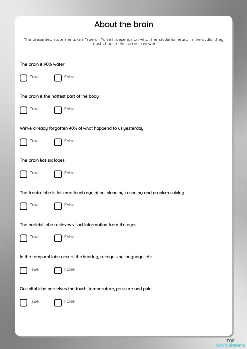 About the brain. Interactive worksheet | TopWorksheets