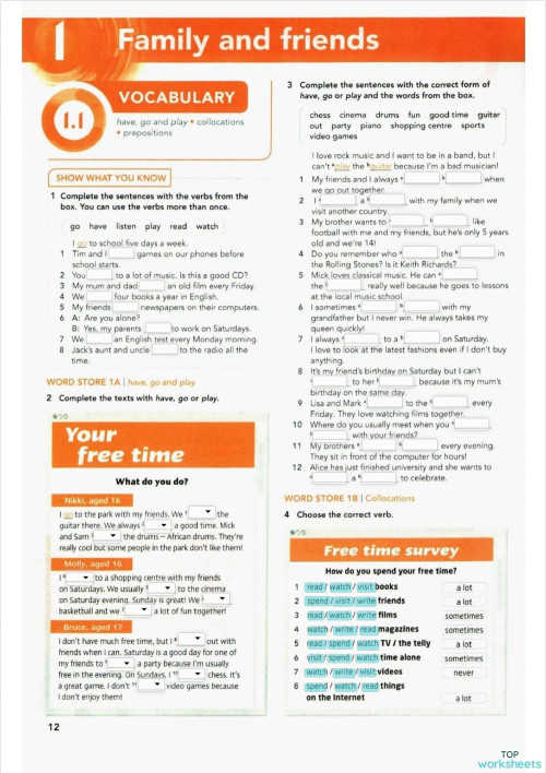 Homework 1. Free-time activities. Interactive worksheet | TopWorksheets