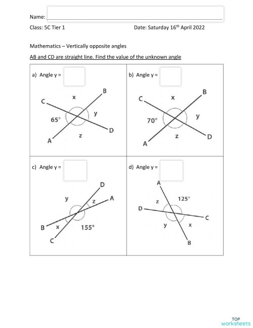 Vertically Opposite Angles. Interactive worksheet | TopWorksheets