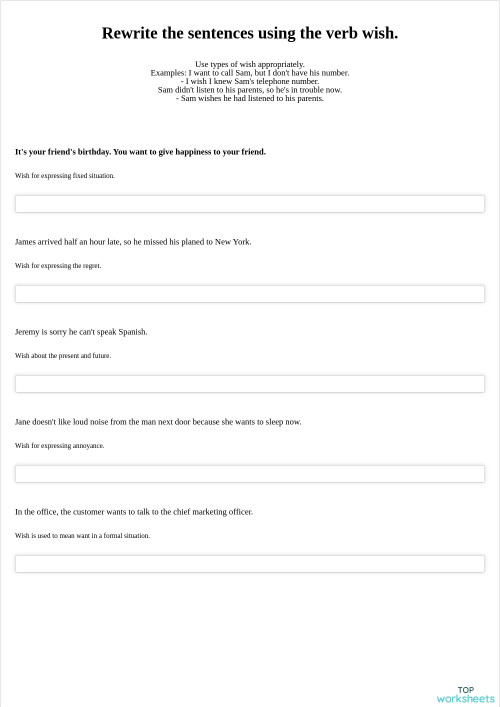 Rewrite the sentences using the verb wish.. Interactive worksheet ...