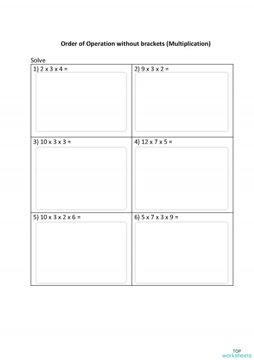 ORDER OF OPERATIONS (MULTIPLICATION). Interactive worksheet | TopWorksheets