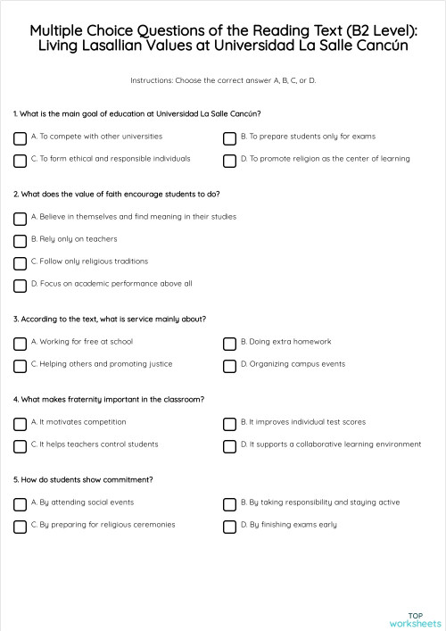 Multiple Choice Questions of the Reading Text (B2 Level): Living ...