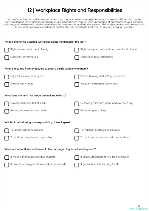 12 | Workplace Rights and Responsibilities. Interactive worksheet ...