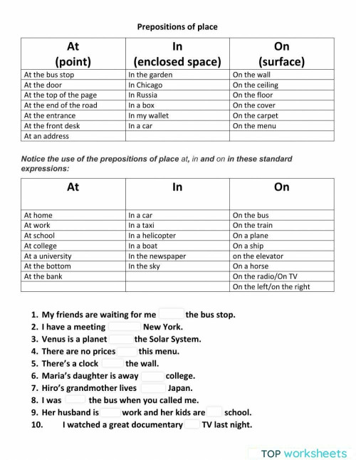AT ON IN Prepositions of place. Interactive worksheet | TopWorksheets