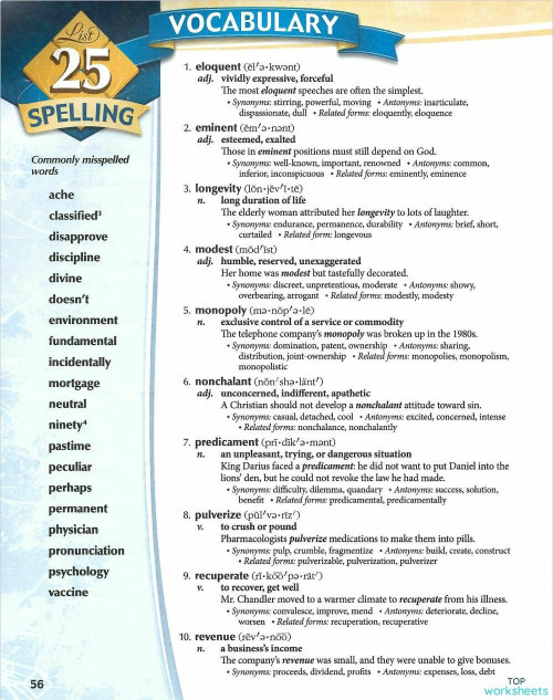 List 25: Pg 56-57. Interactive worksheet | TopWorksheets