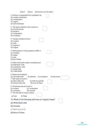 Cell structure new test. Interactive worksheet | TopWorksheets