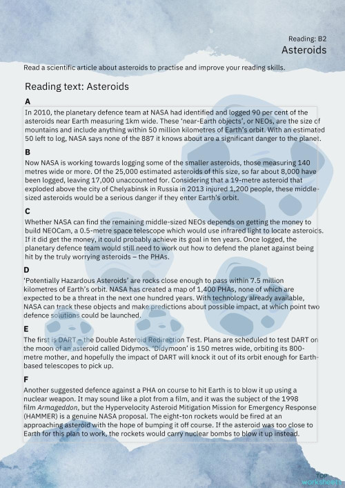 Asteroids: Reading. Interactive worksheet | TopWorksheets