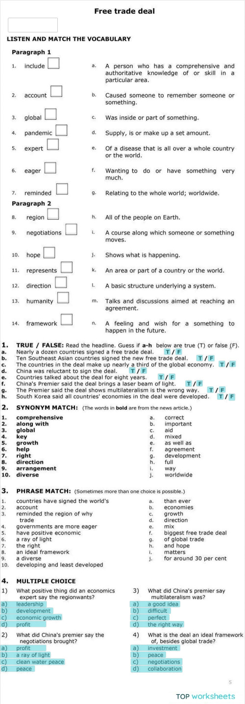 Free Trade Deal Practical Interactive Worksheet Topworksheets 