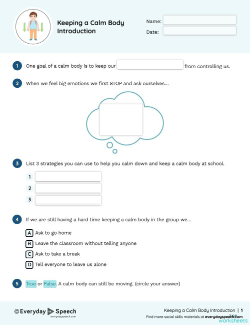 Keeping a Calm Body Companion Worksheet (Elementary). Interactive ...