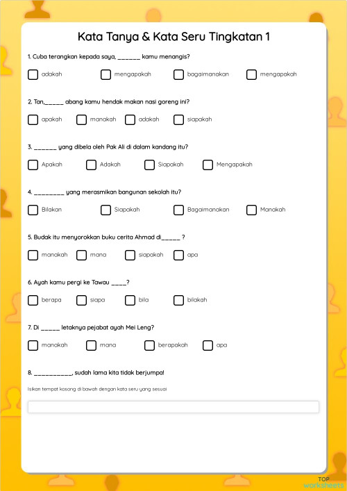 Kata Tanya & Kata Seru Tingkatan 1. Interactive worksheet | TopWorksheets