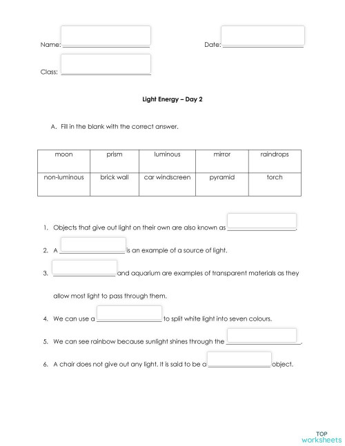 Light Energy - Day 2. Interactive worksheet | TopWorksheets
