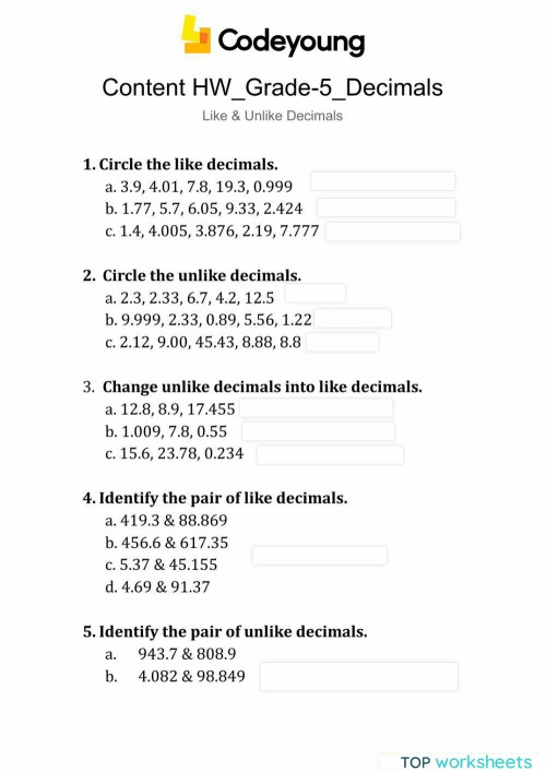 Content-HW-Like & Unlike Decimals. Interactive worksheet | TopWorksheets