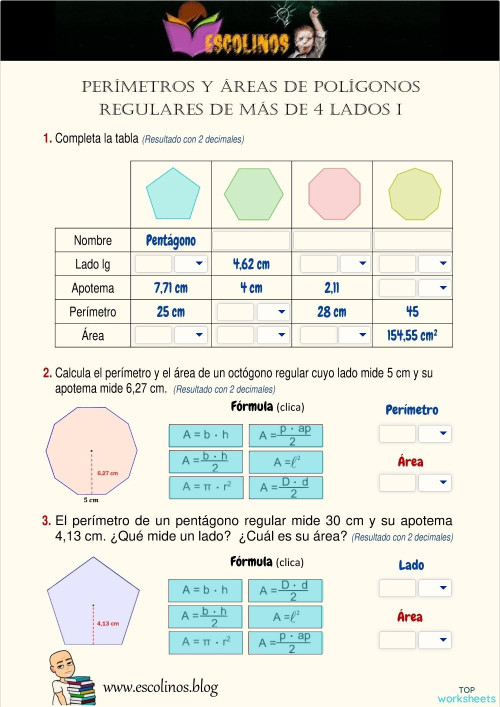 Perímetros y áreas de polígonos regulares de más de 4 lados I. Ficha interactiva | TopWorksheets