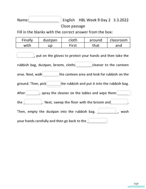 W9 D2 3.3. Cloze Passage. Interactive worksheet | TopWorksheets