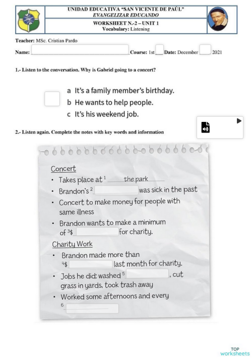 1st A - UNIT 1: Listening activity. Interactive worksheet | TopWorksheets